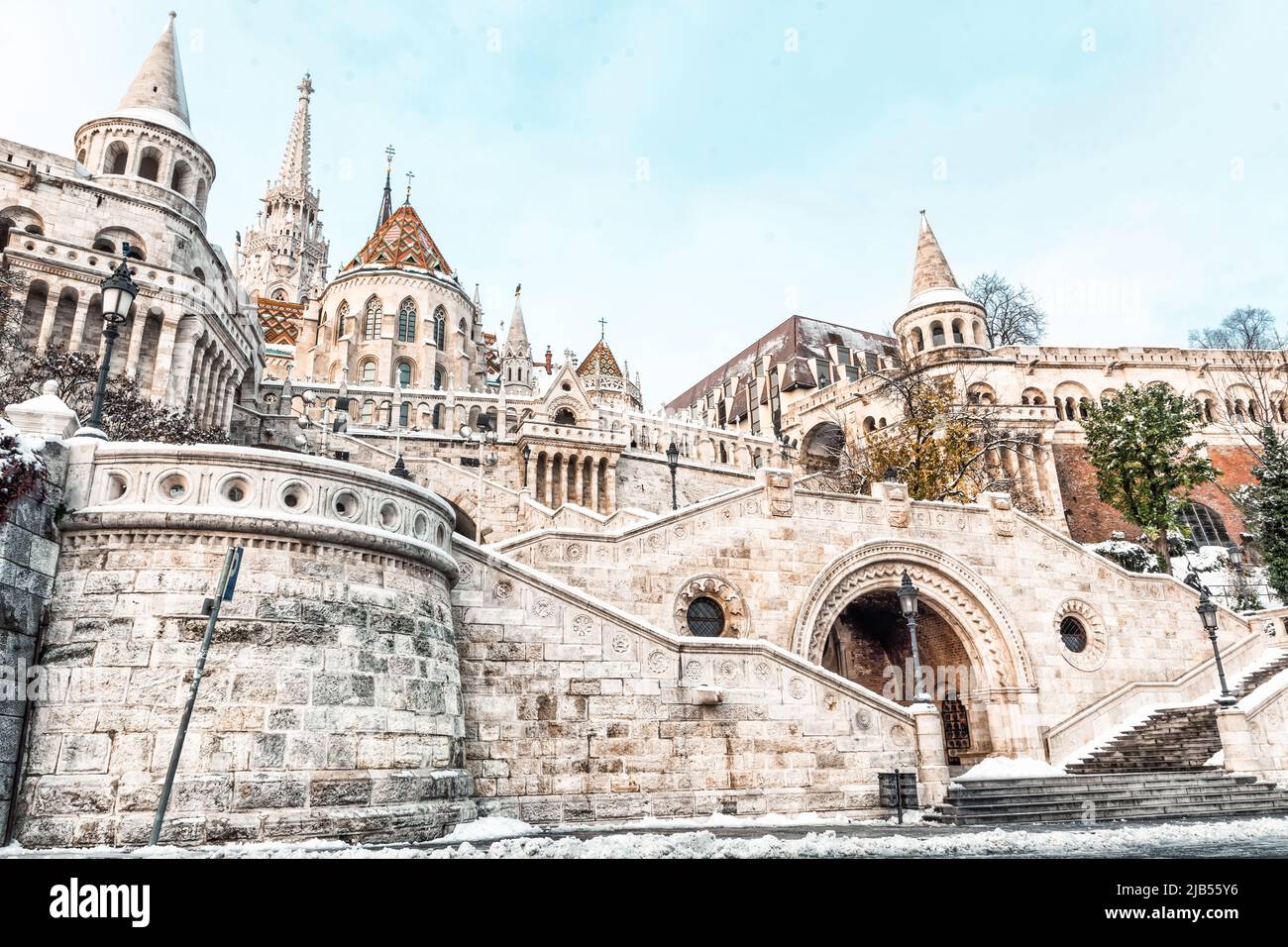 Fisherman's Bastion in early winter morning, snow-covered streets of ...
