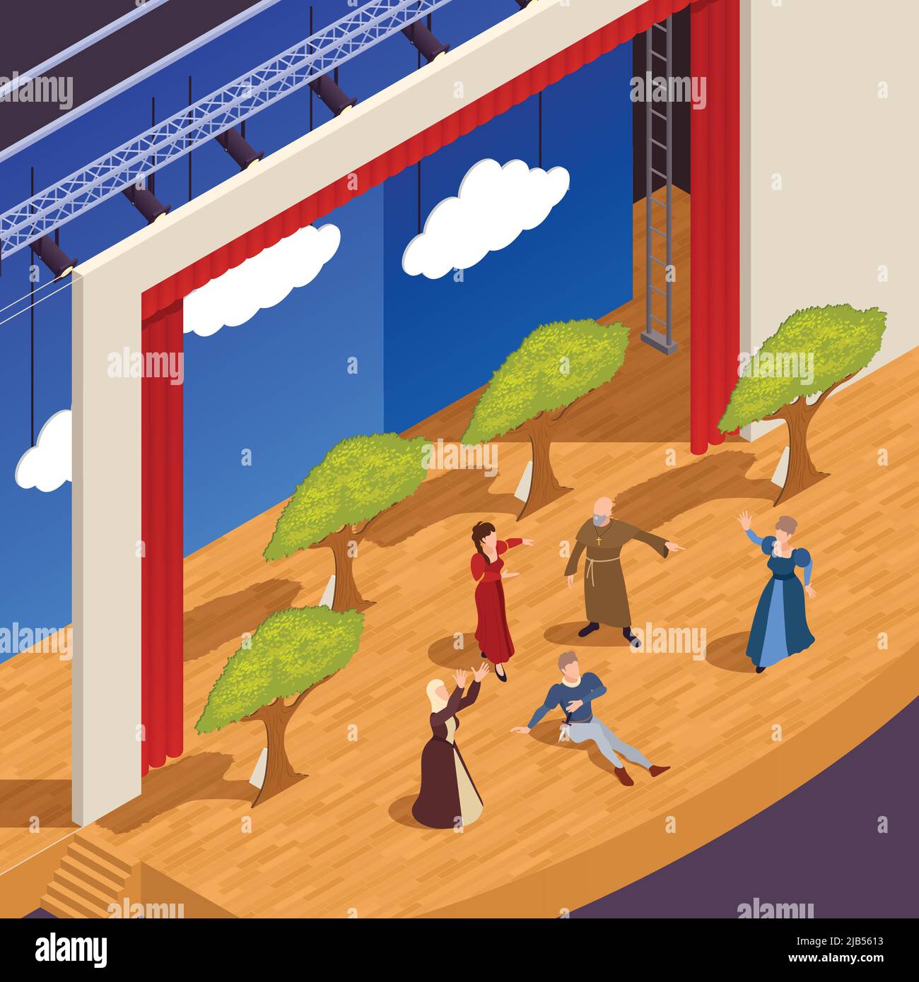 Grand theatre isometric background with drama performance symbols ...
