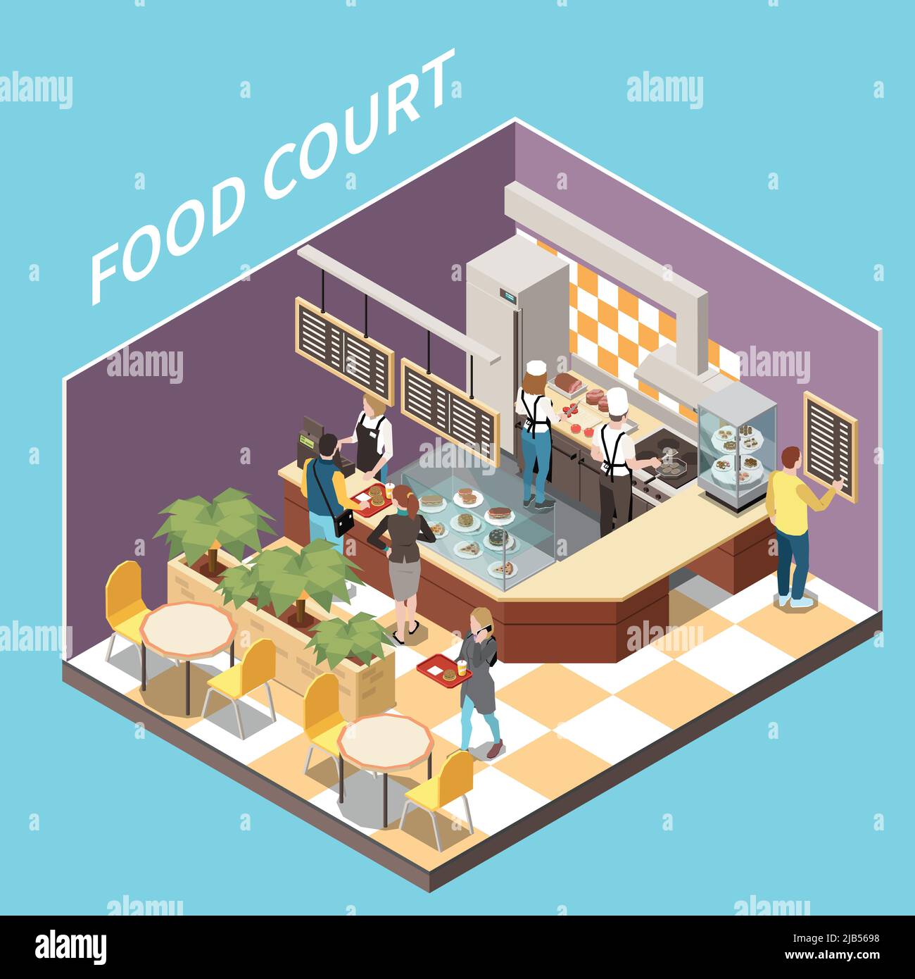 Food court hall isometric view with customers reading menu board ...