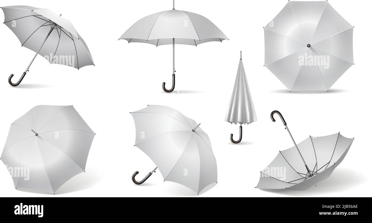 White realistic umbrella icon set with arrangement top side view bottom ...