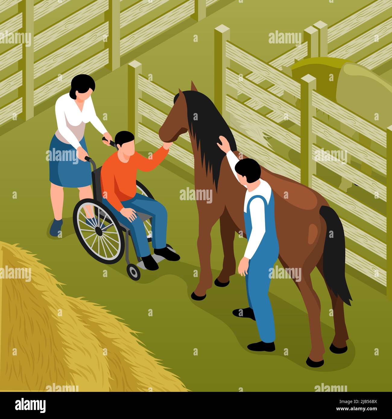 Hippotherapy isometric background with disabled man sitting in ...