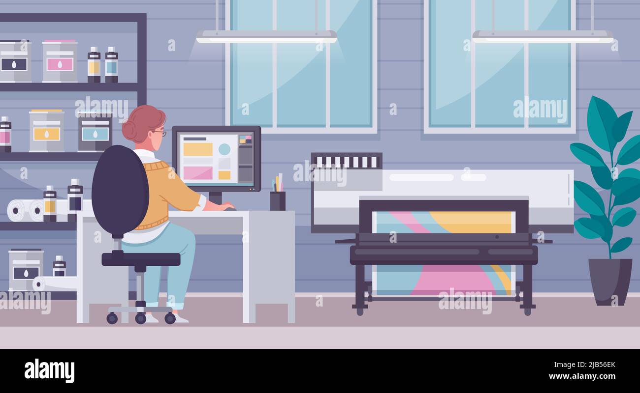 Printing house polygraphy cartoon composition operator sits at computer ...