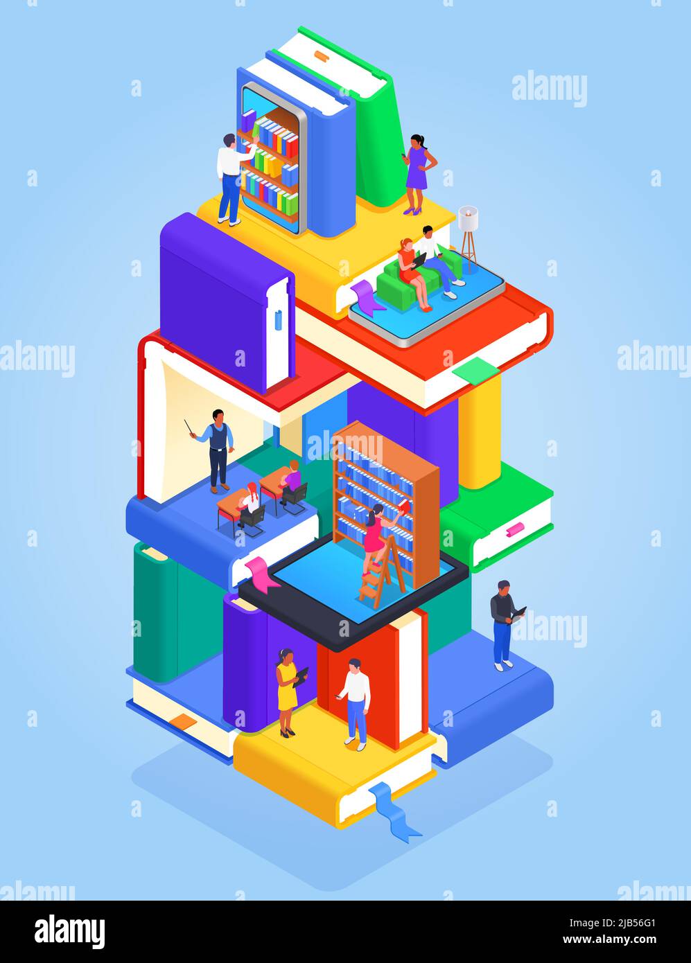 Digital online library isometric colored concept abstract multi story ...