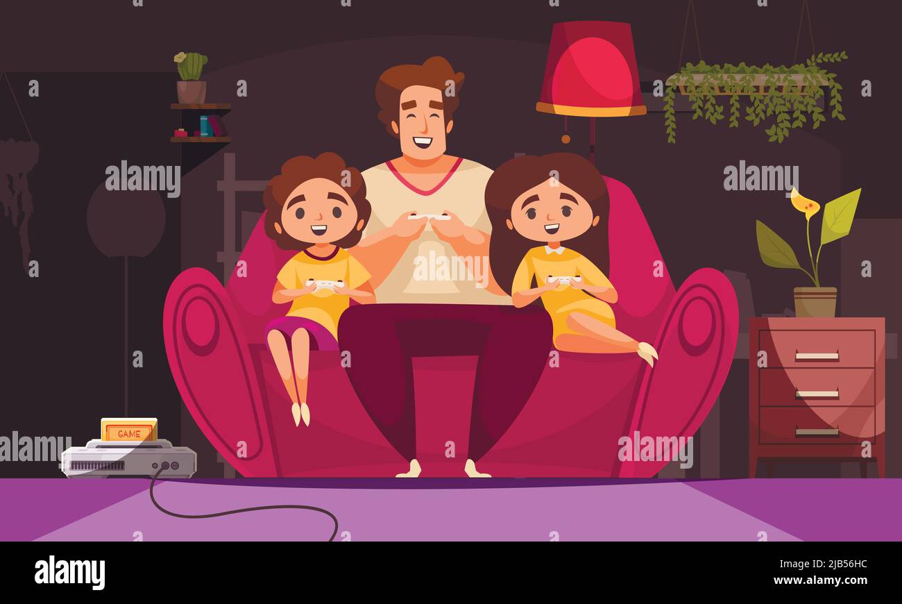 Dad son daughter composition with night home scenery and father sitting ...