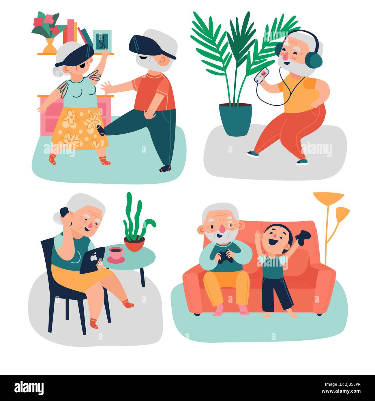 Elderly people have fun using modern technology design concept flat ...