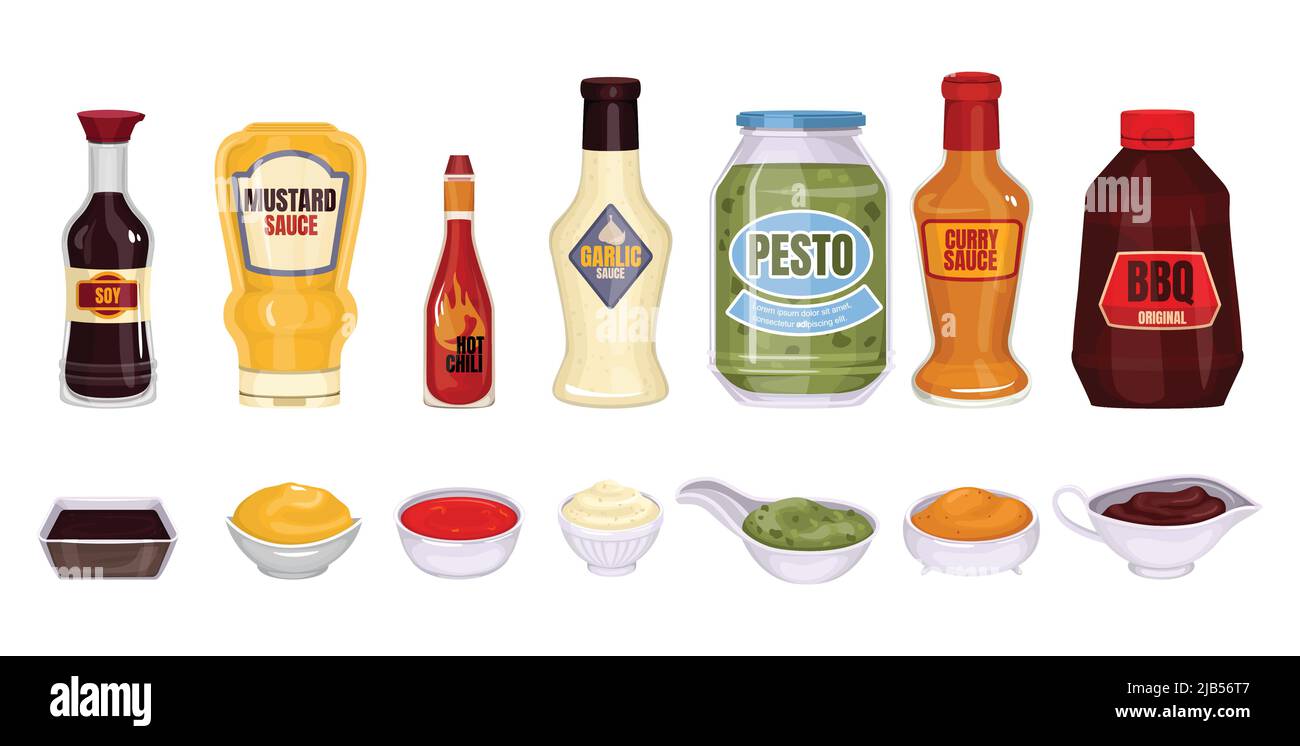 Sauce packaging set with isolated images of sauce bottles with text and ...