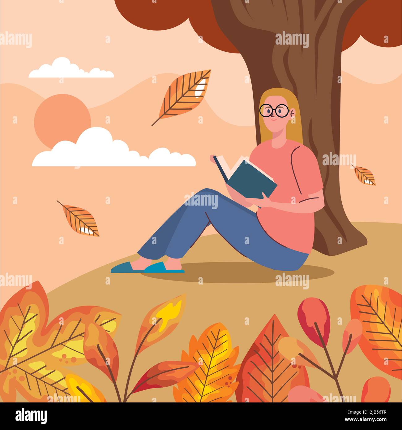 woman reading book autumn scene Stock Vector Image & Art - Alamy