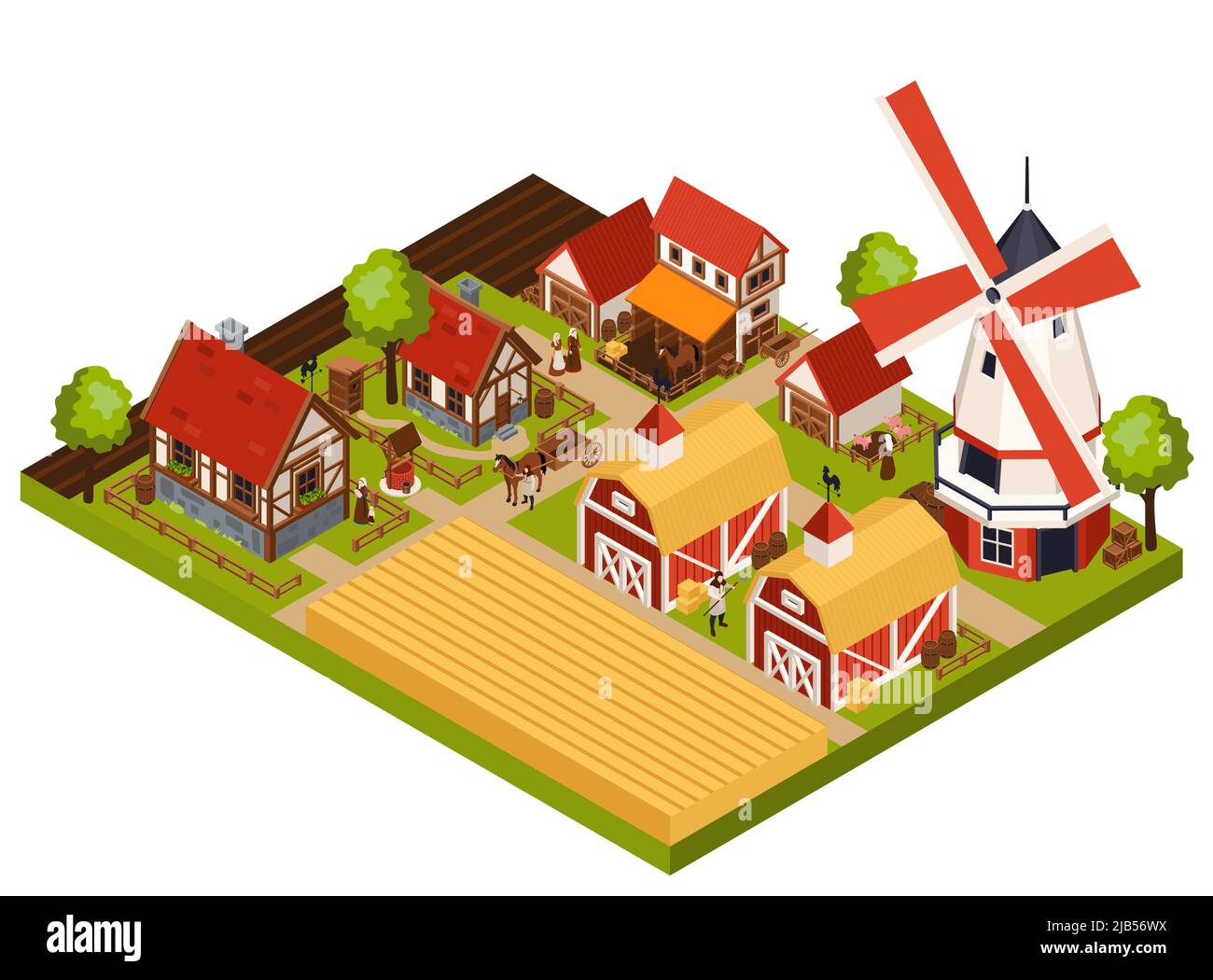 Medieval architecture isometric concept with mill house and field ...