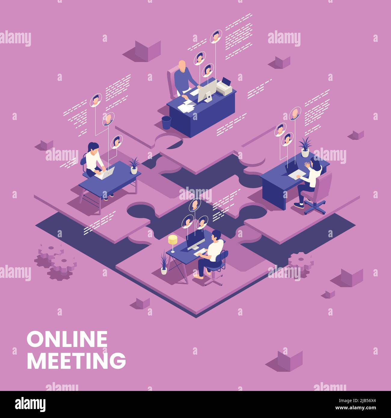 Online conference concept with webinar and research symbols isometric ...