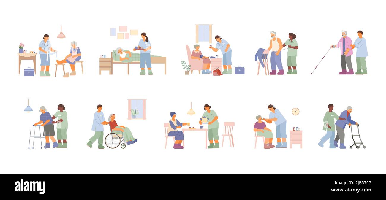 Flat set with caregivers and nurses taking care of elderly men and ...