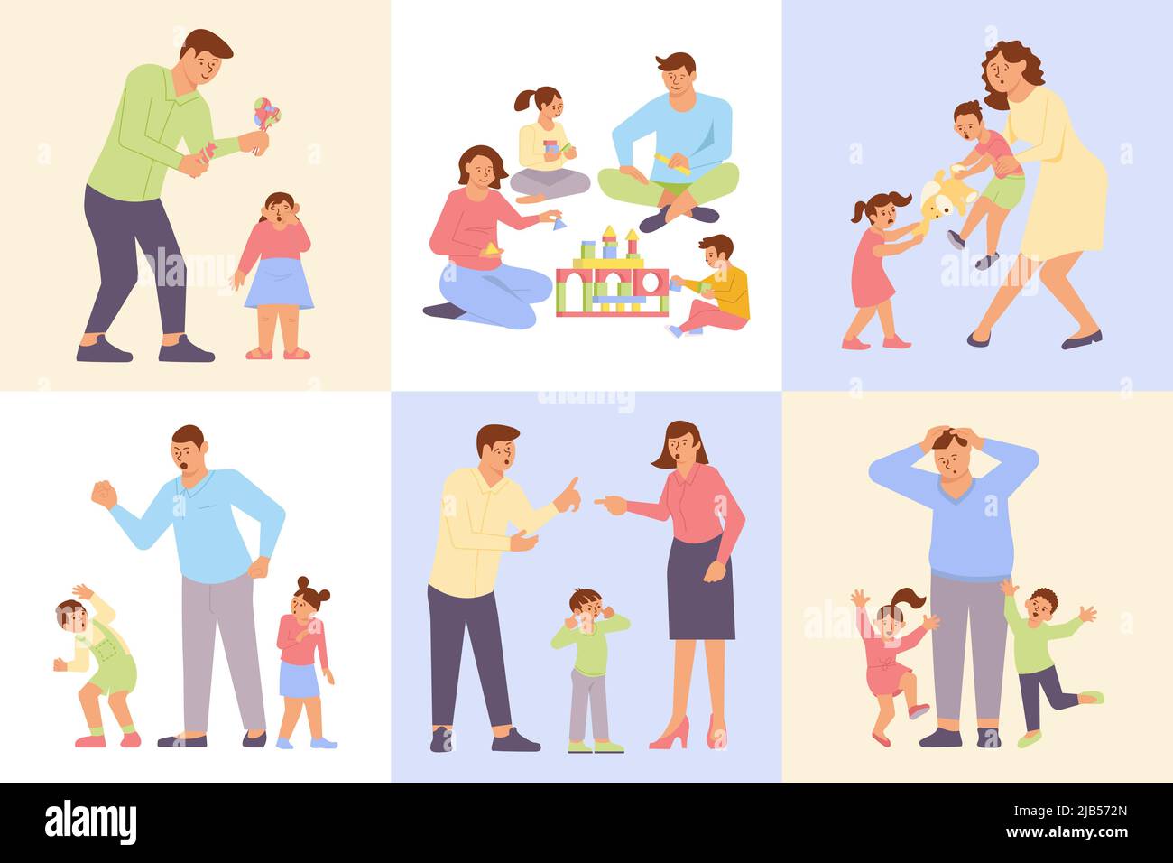 Parenting composition set with happy family screaming parents emotional ...