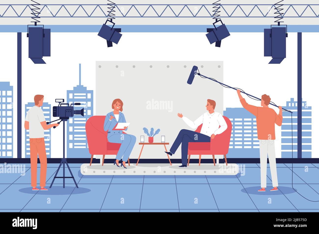 The film crew shoots interviews for the media in the studio flat vector ...