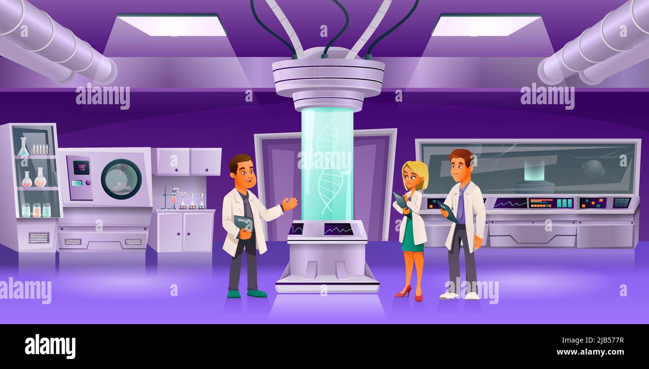 Scientists colored cartoon composition three employees discuss the ...