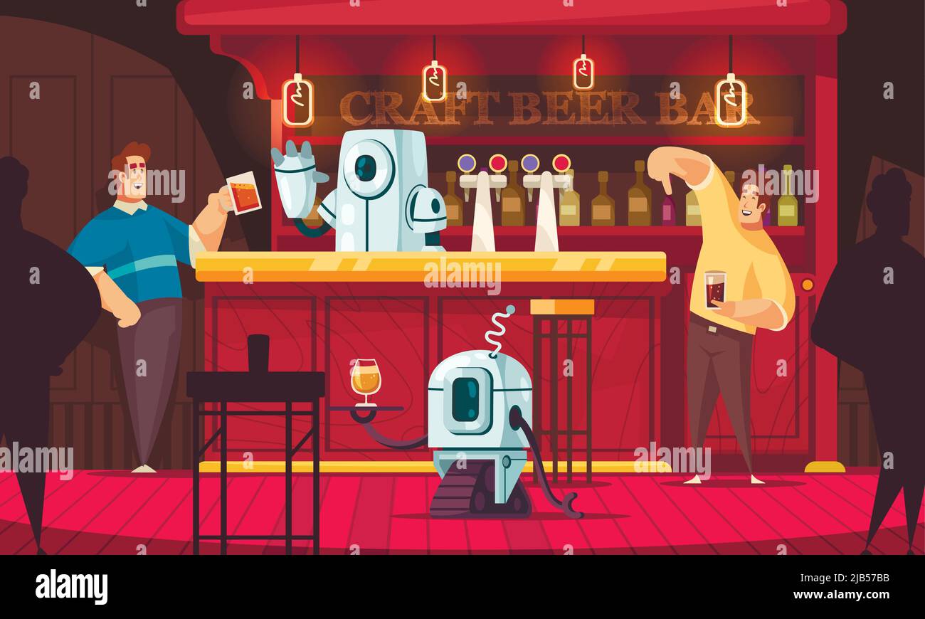 Fantasy flat background with waiter and bartender robot cartoon ...