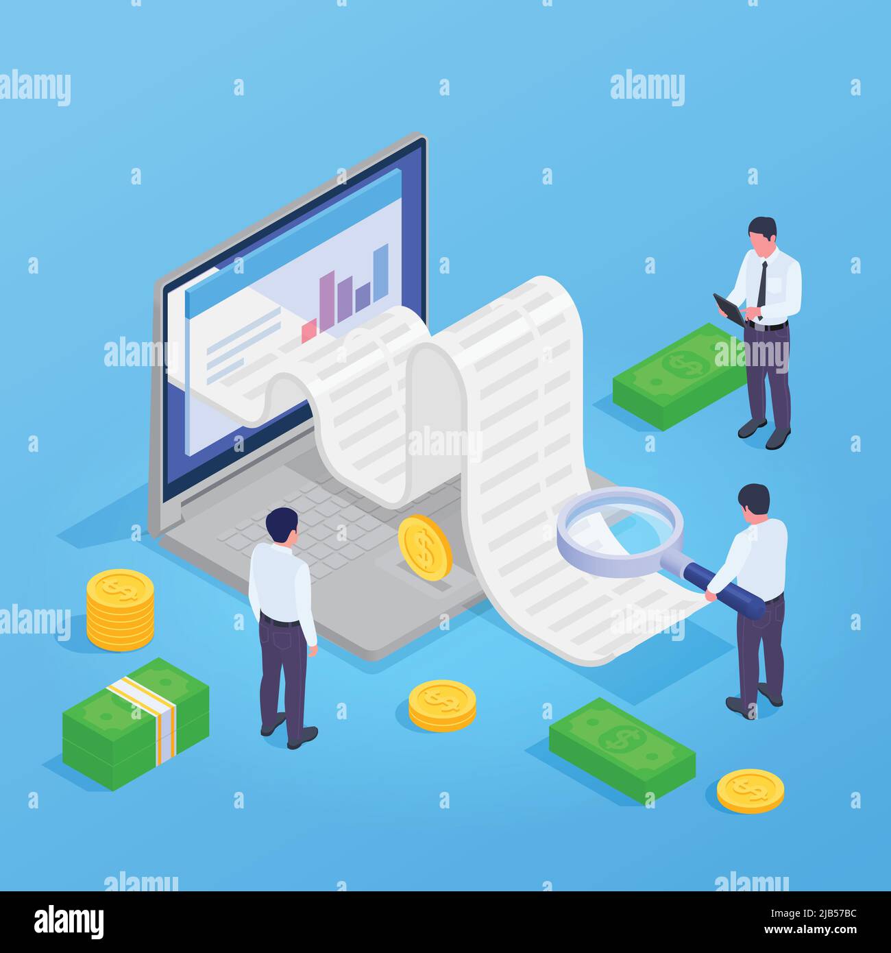 Accounting and audit concept with budget calculation symbols isometric ...