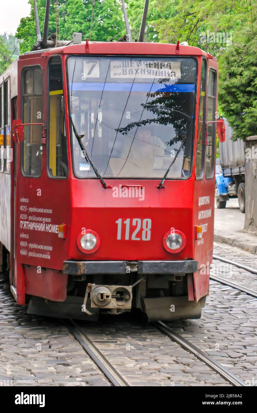 Electric tram in city centre, Lviv, Ukraine Stock Photo - Alamy