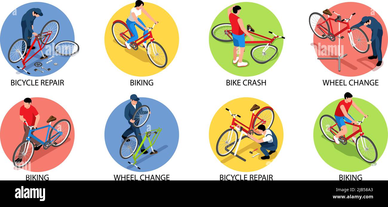 Biking isometric set of bike crash bicycle repair wheel change ...