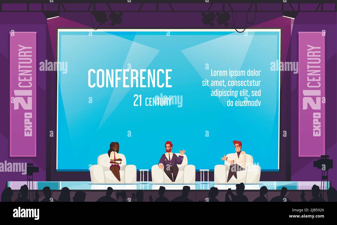 Conference hall background with expo presentation symbols flat vector ...