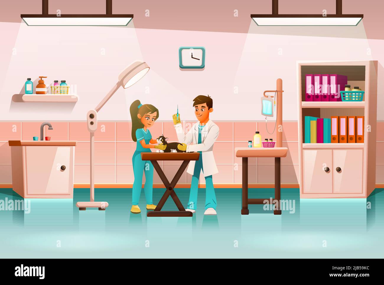 Veterinary clinic cartoon composition with indoor scenery and doctor ...