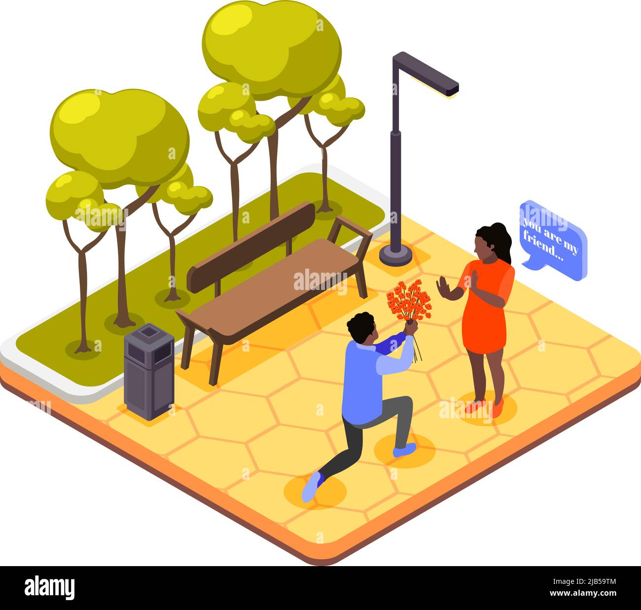 Friendzone isometric composition with outdoor view of city park with ...