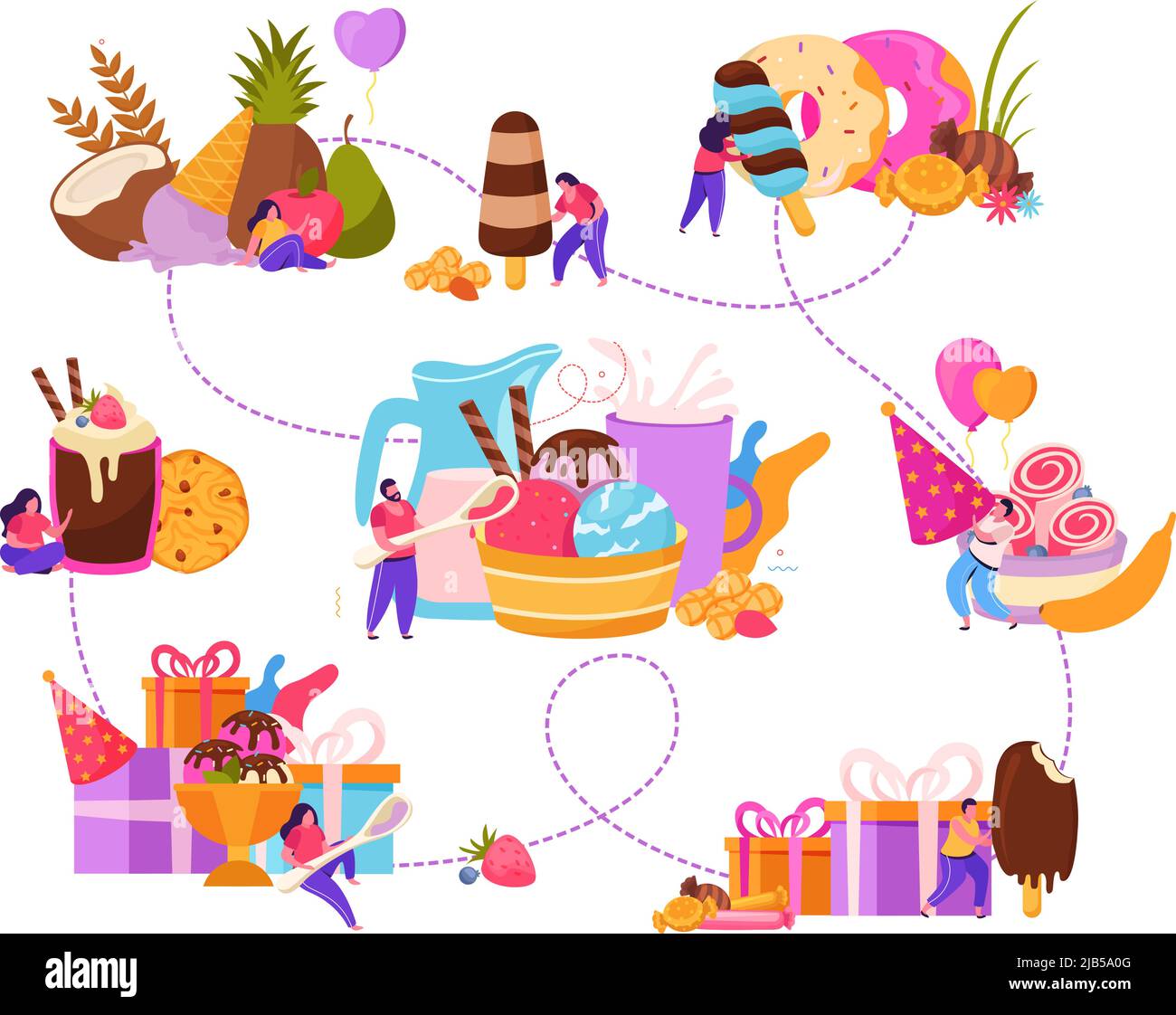 Ice cream flat composition with colorful delicious desserts drinks and ...