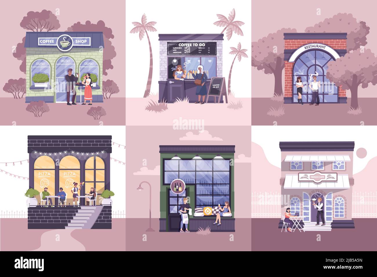 Set of six flat compositions with facade of various commercial ...