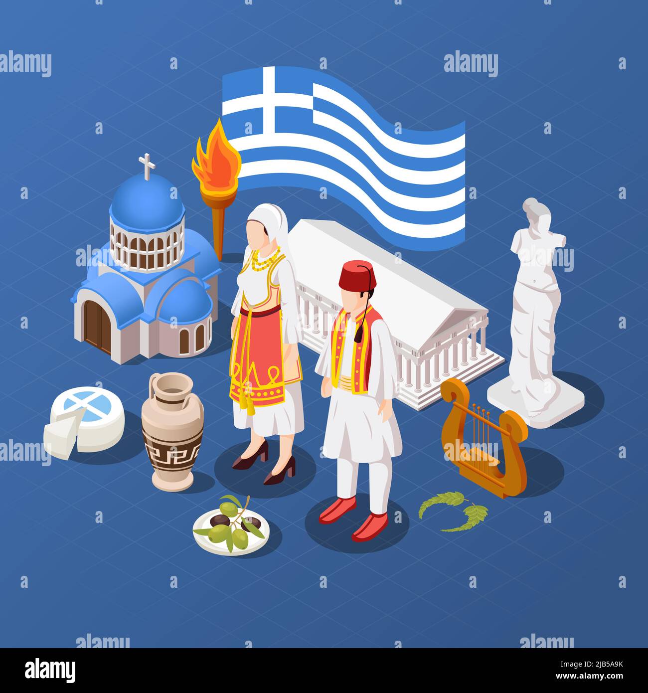 Greece isometric blue background with sculpture of aphrodite parthenon ...