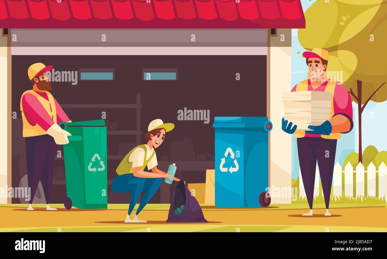 Three cleaners in uniform collecting and sorting garbage cartoon vector ...