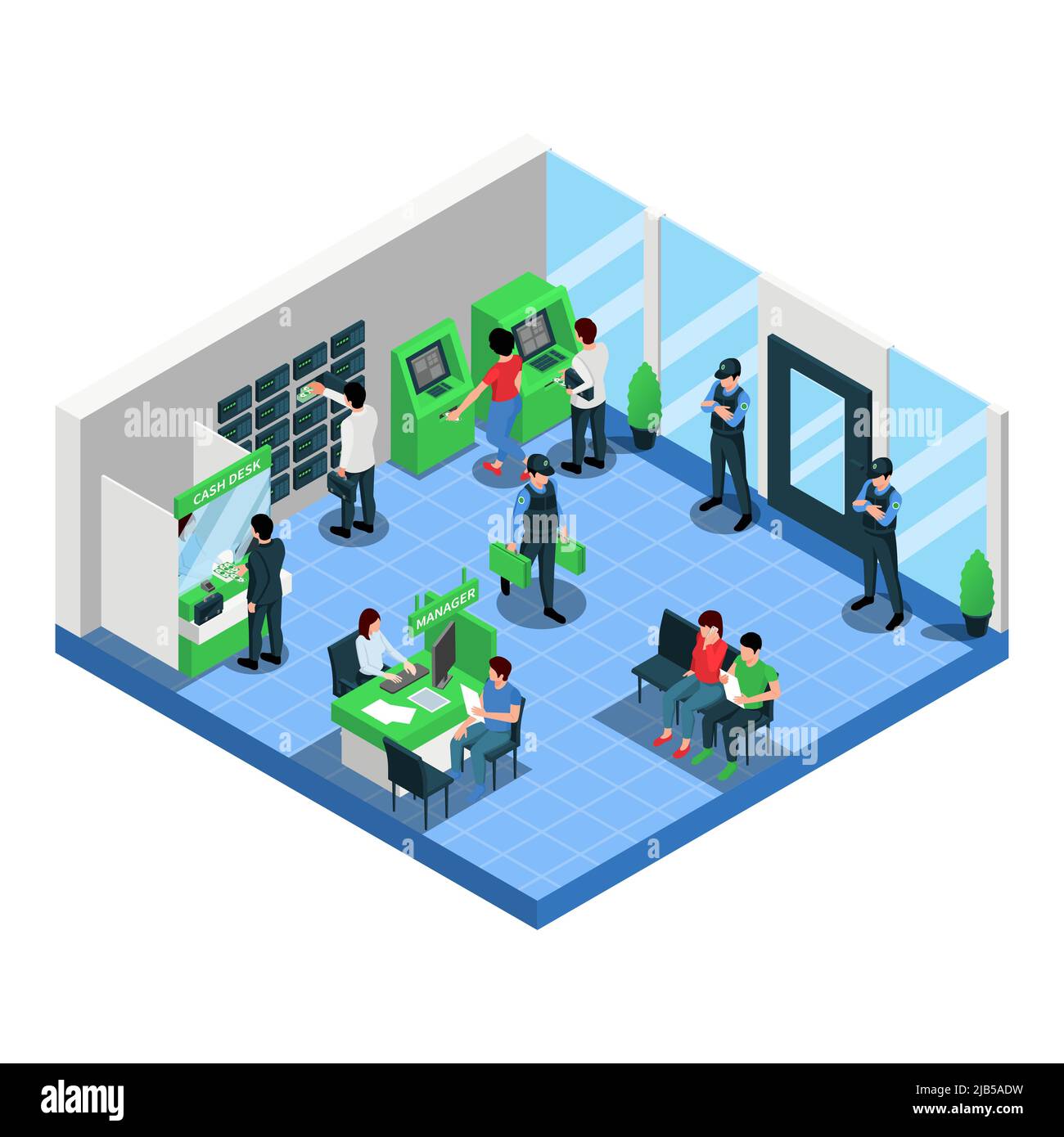 Bank branch isometric composition with employees clients and security ...