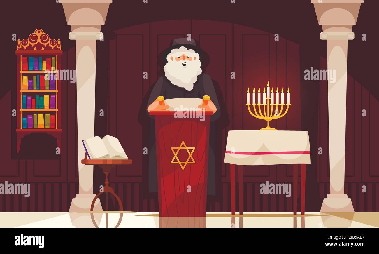 Jewish holiday hanukkah background with rabbi reading torah in ...