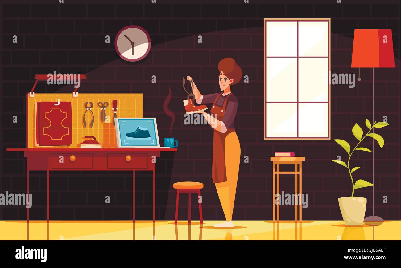 Smiling female shoemaker repairing shoe at her cosy workshop cartoon ...