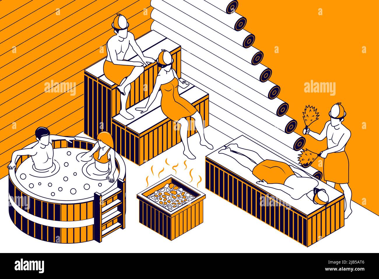 Sauna colored isometric background demonstrated steam bath with broom ...