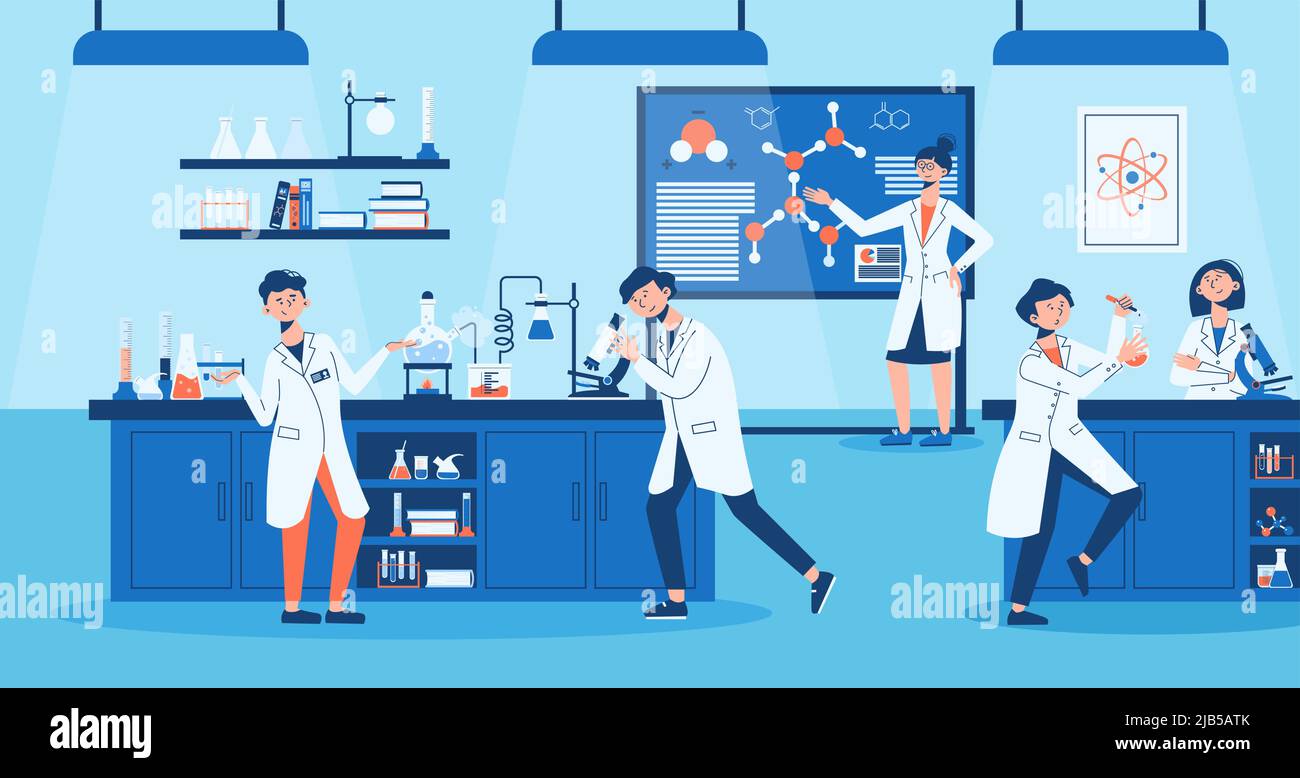 Flat laboratory composition five scientists are studying something and ...