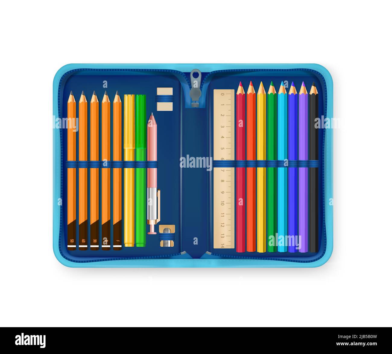 Realistic open pencil case in blue color with various school ...