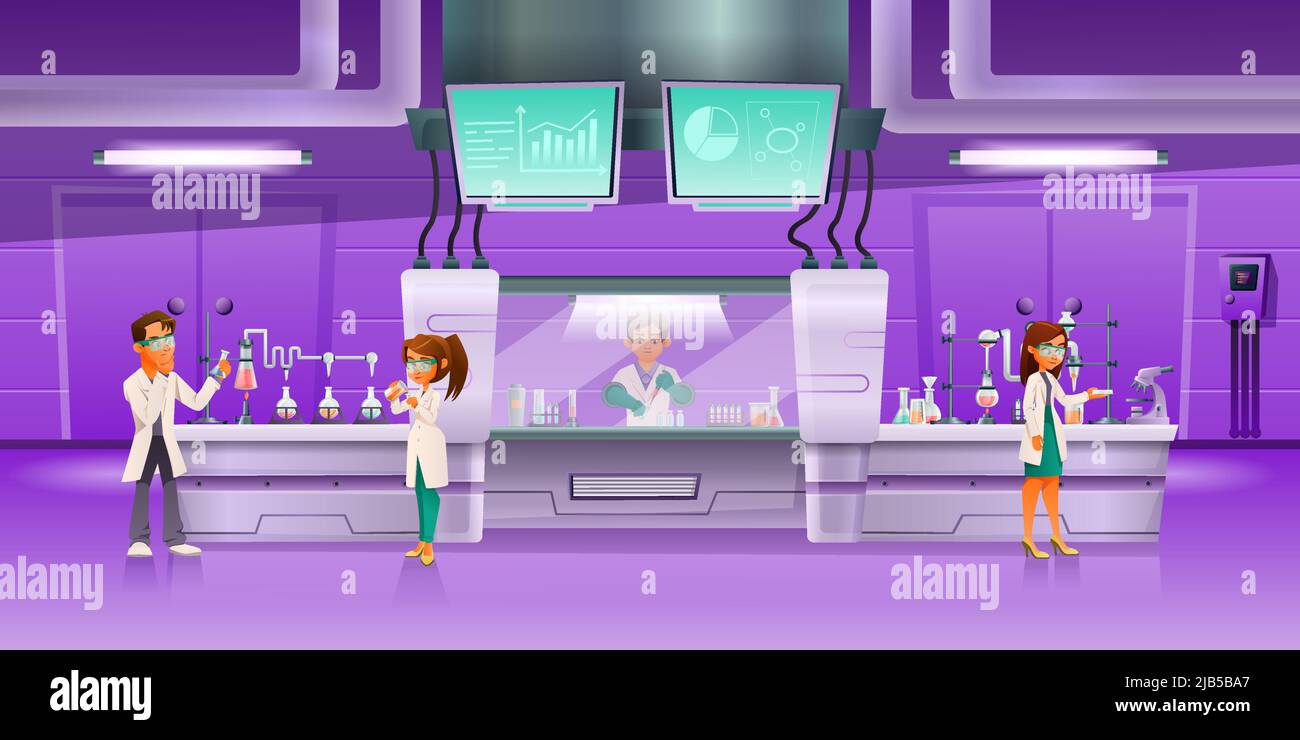 Scientists cartoon composition three scientists in a laboratory ...