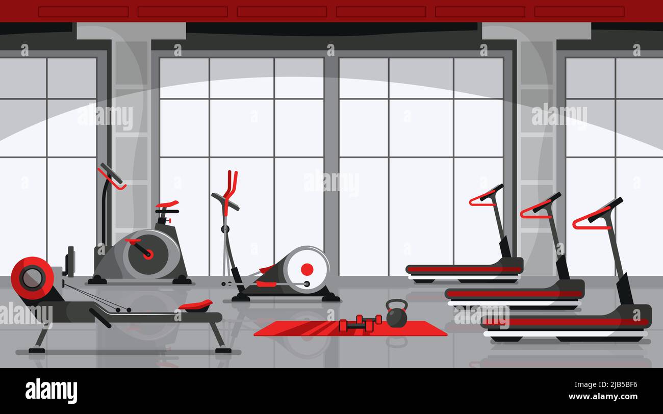 Gym colored composition sports club room with technical equipment and ...