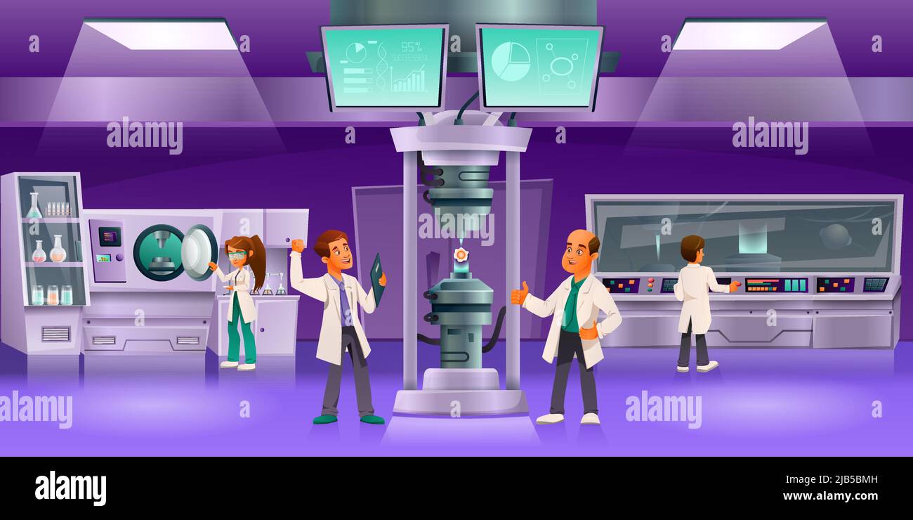 Cartoon colored scientists composition employees conduct experiments ...