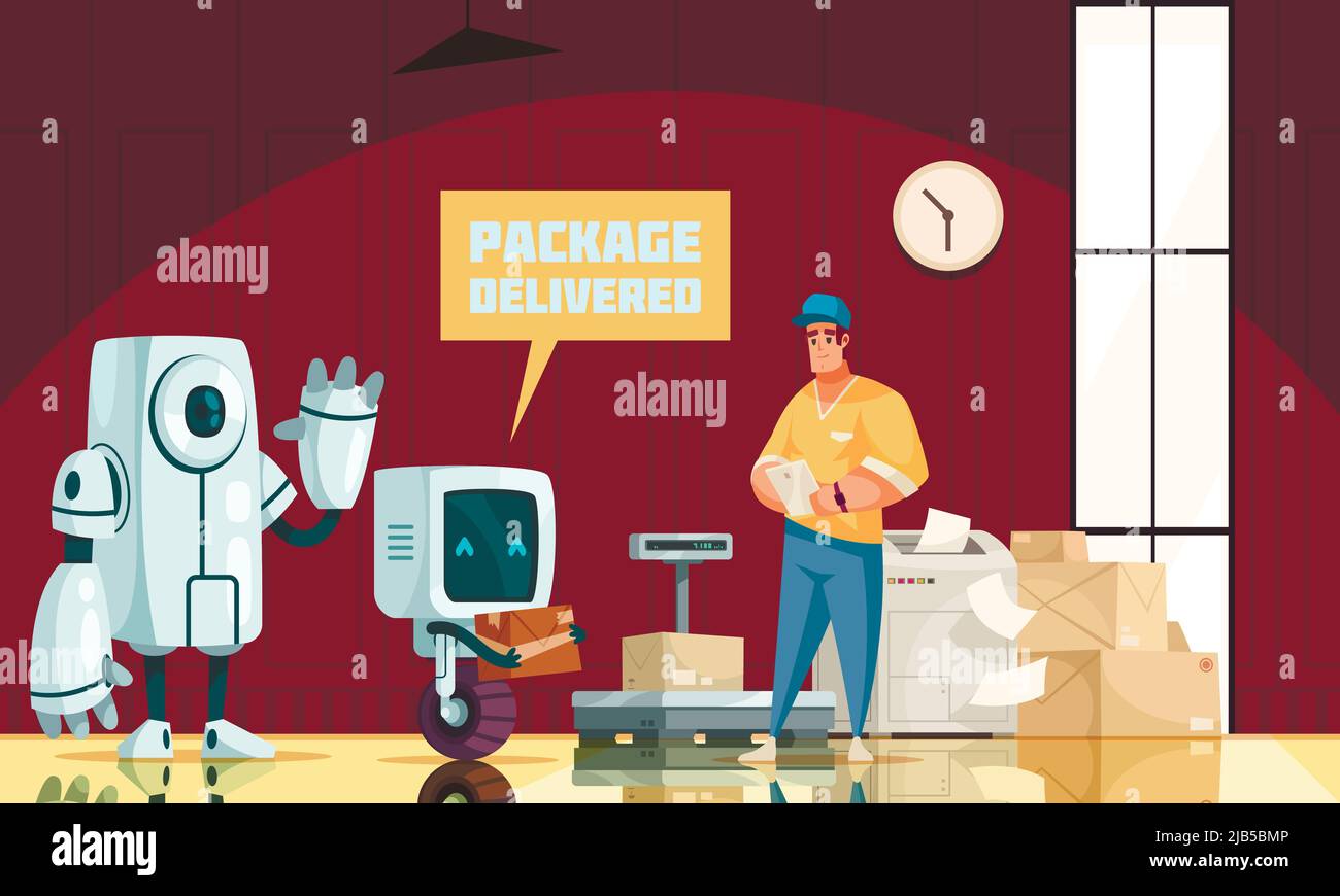 Automatic delivery futuristic cartoon composition with storage worker ...