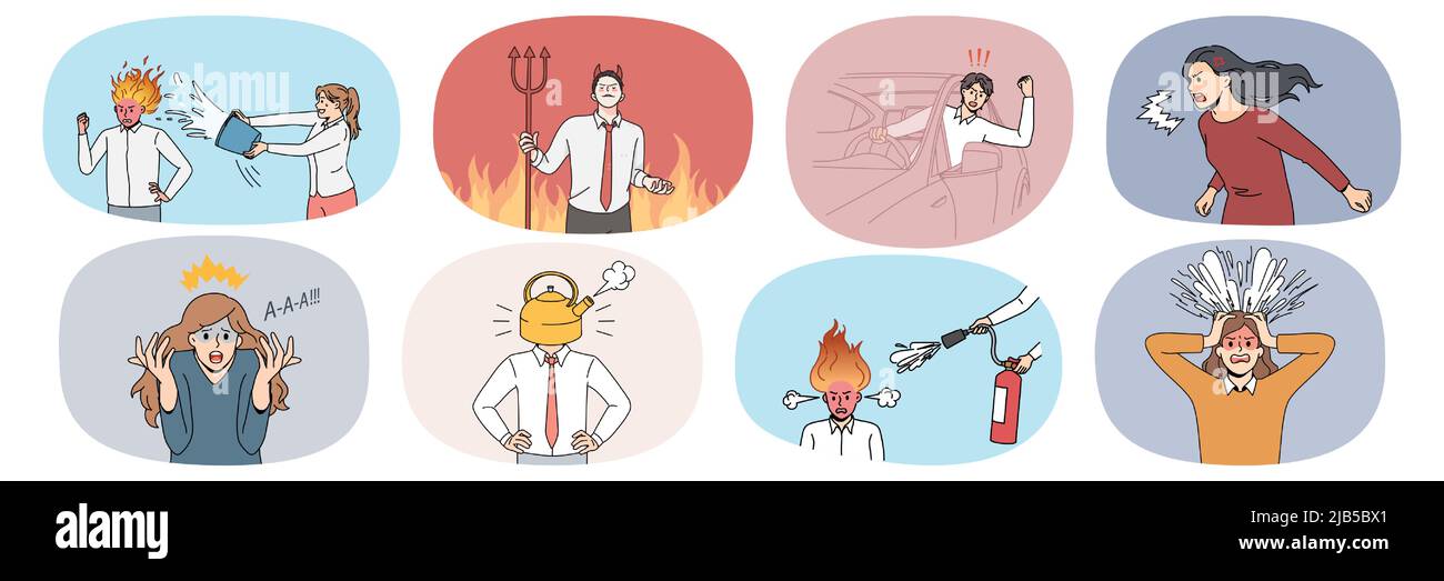 Collection of furious people yell feel distressed in life situations ...