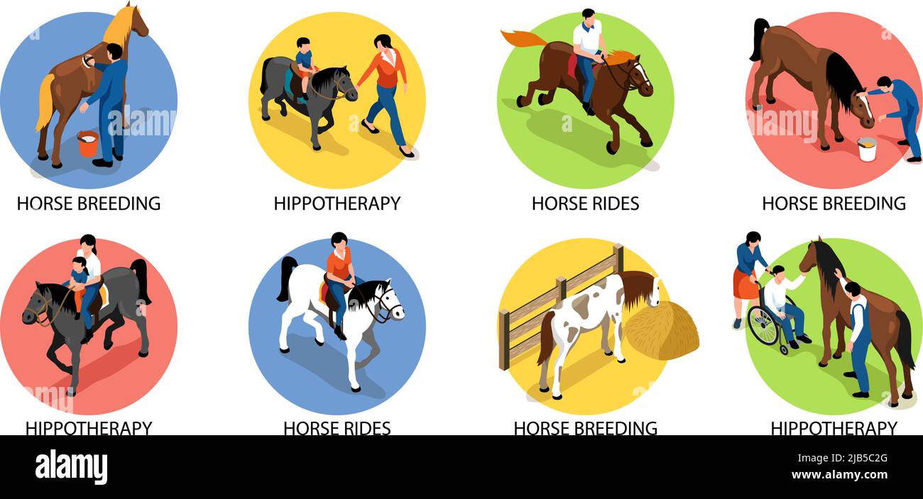Hippotherapy round compositions set with people riding stroking and ...