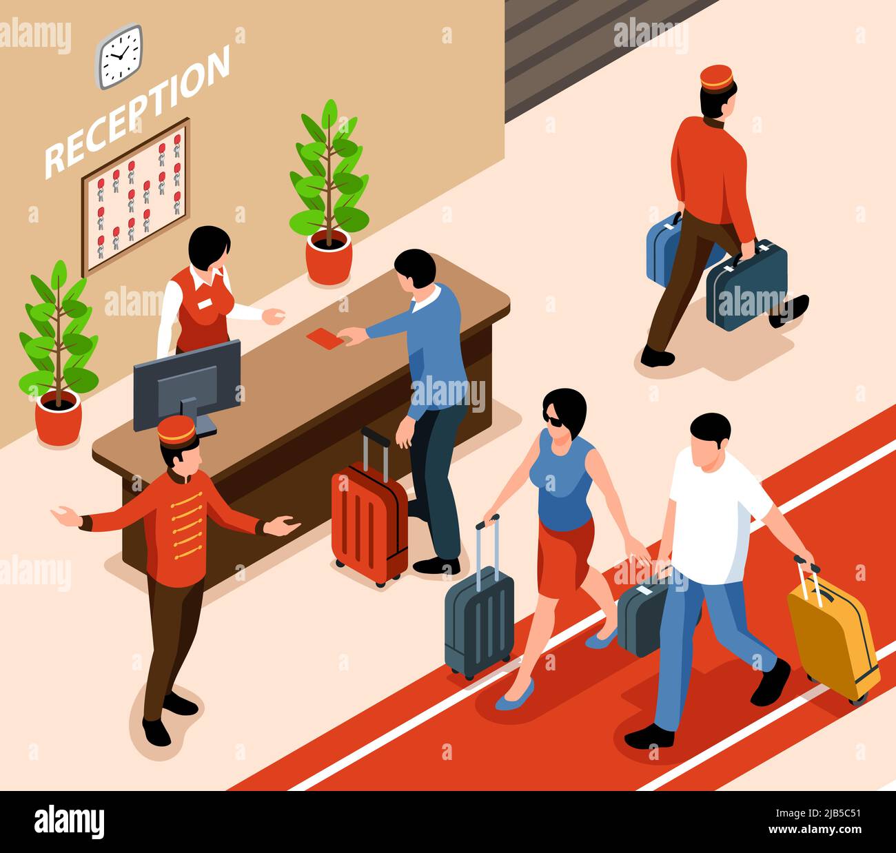 Hotel reception interior desk human characters of visitors and staff ...