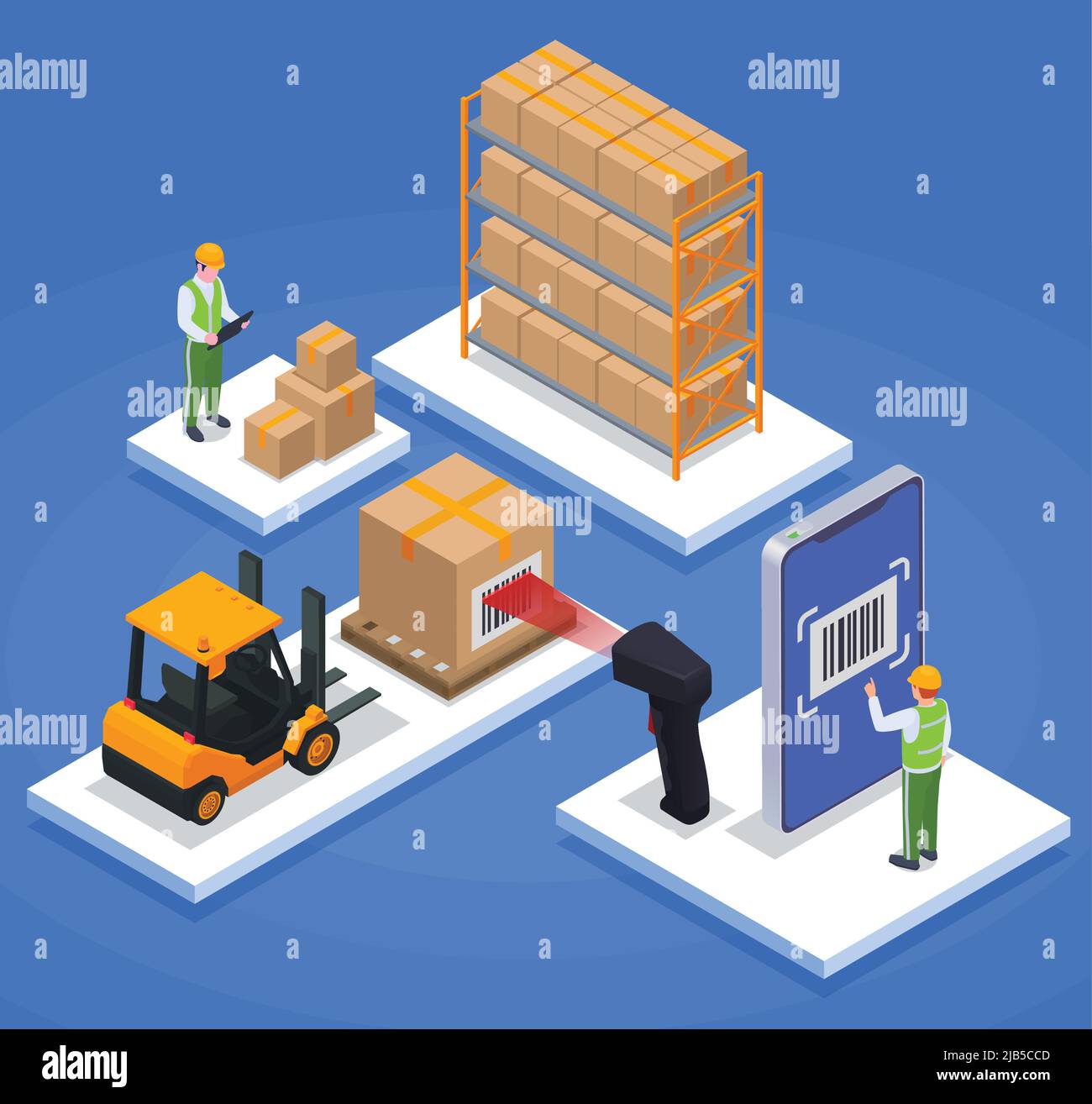 Modern warehouse isometric and colored concept worker reconciles boxes ...