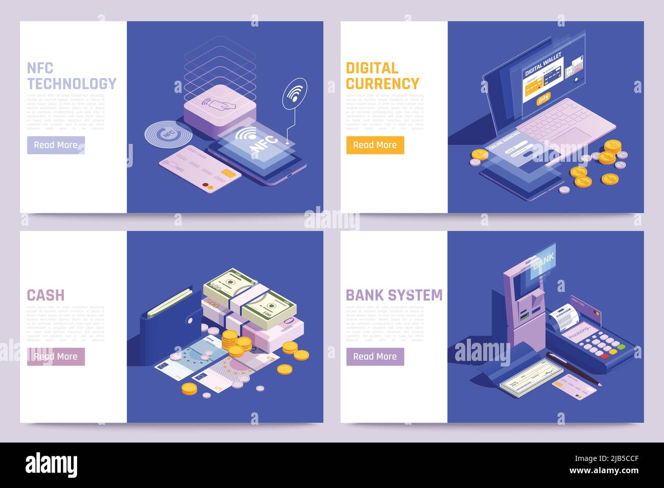 Financial technology online concept 4 isometric webpages with bank ...