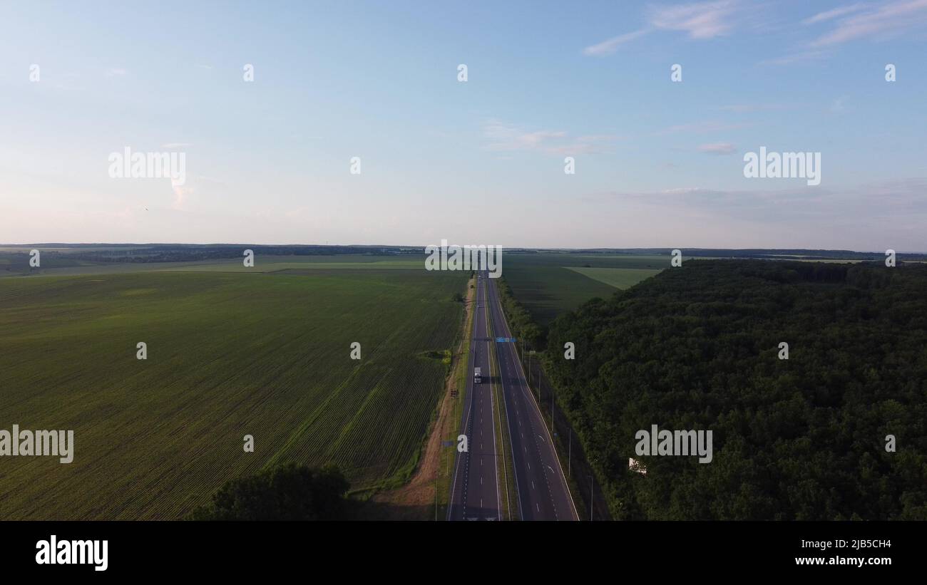 Aerial View Cargo Truck. Large Delivery Truck is Moving. Aerial Shot Of ...