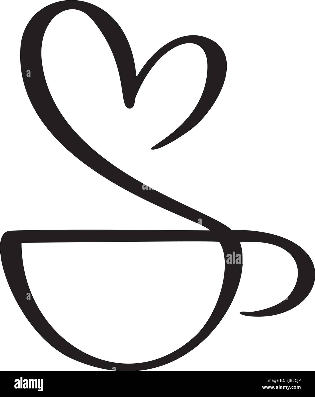 Vector calligraphy coffee or tea cup with steam of heart. Black and ...