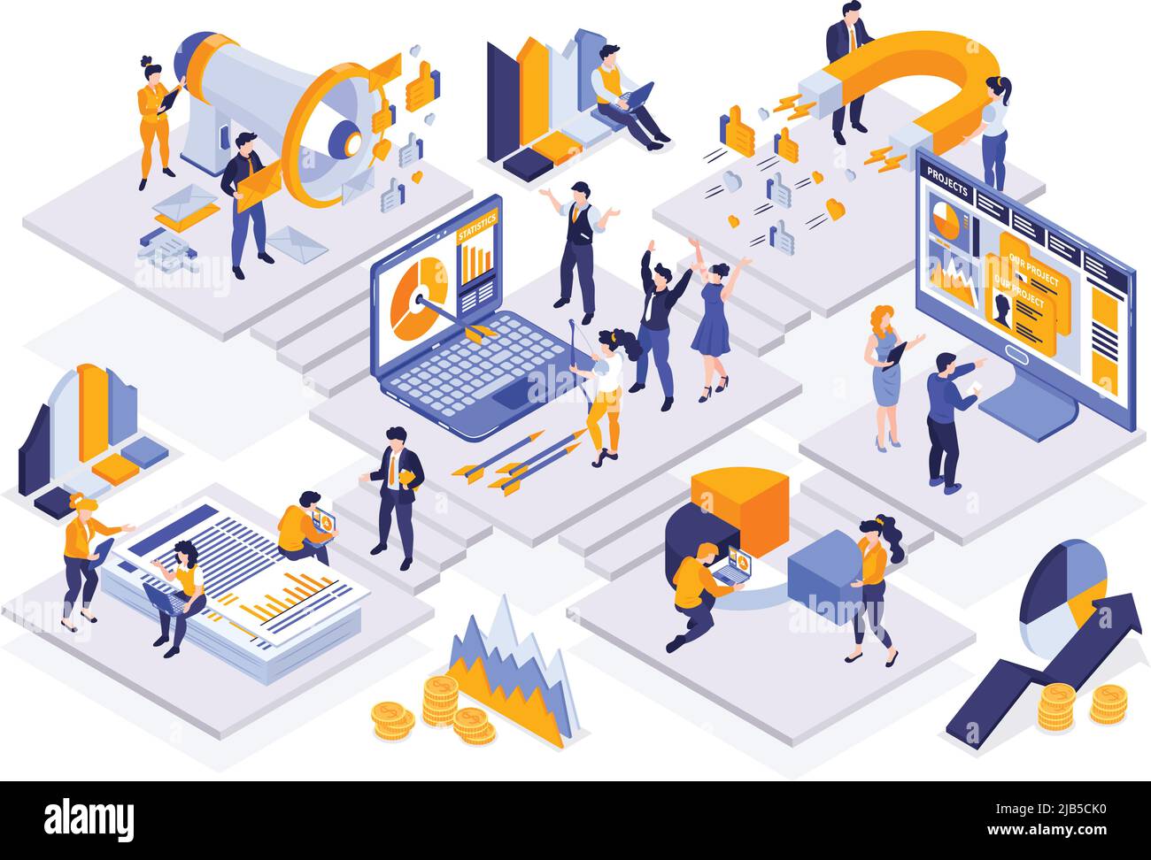 Isometric marketing strategy composition of platforms connected with ...