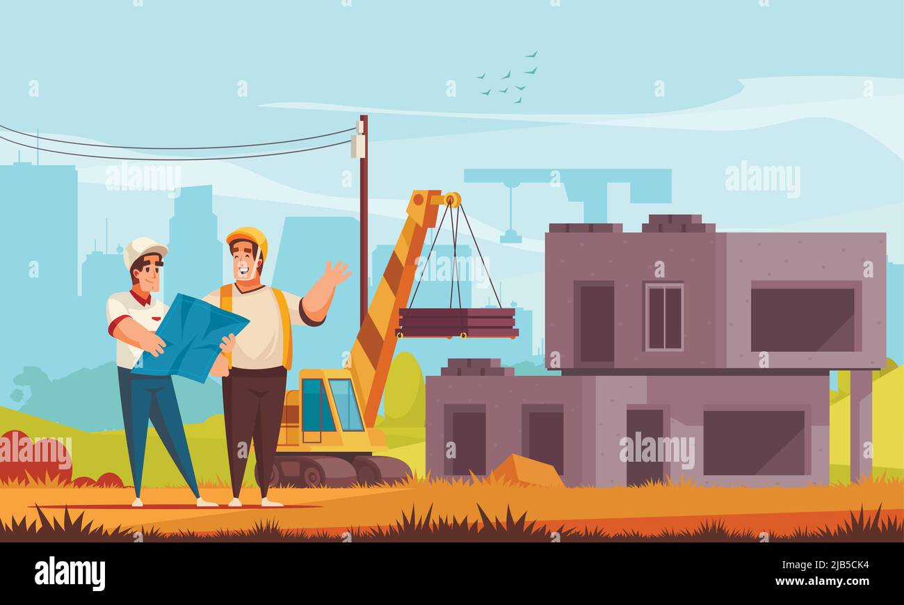 Builder and architect discussing working problems against of unfinished ...