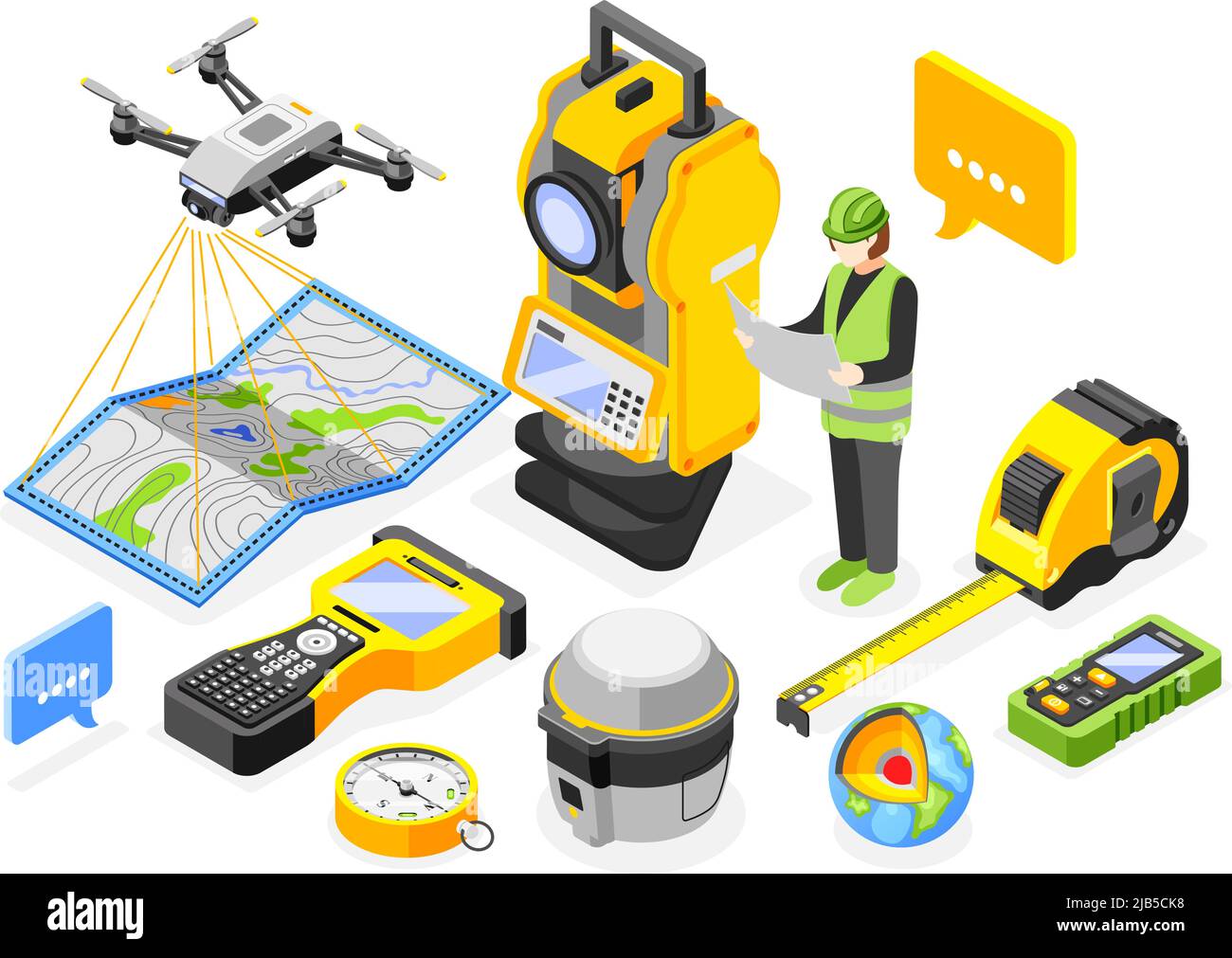 Composition of isolated geodesy isometric icons of measuring appliances ...