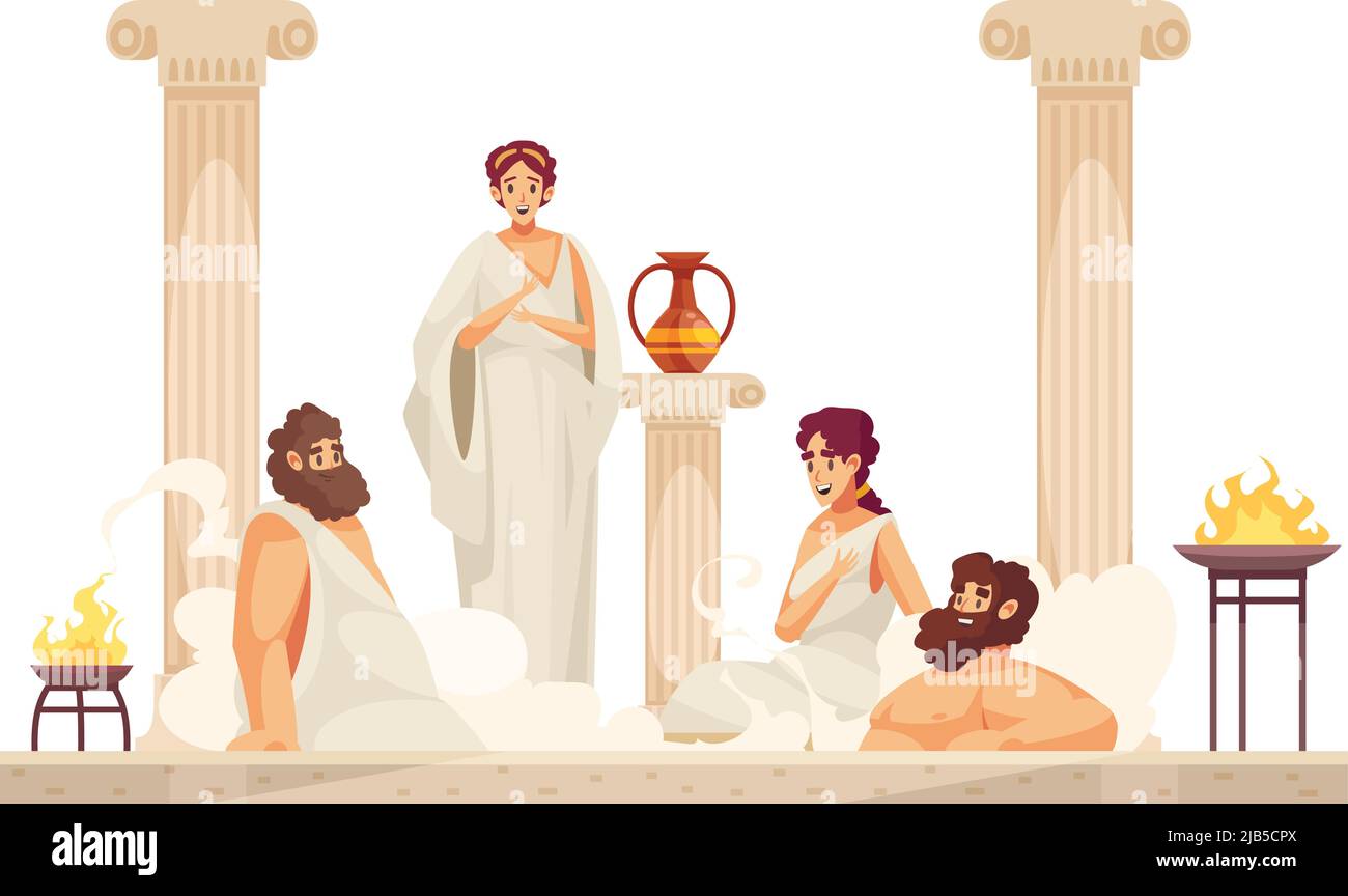 Ancient rome people wearing white tunics sitting in thermal bath ...
