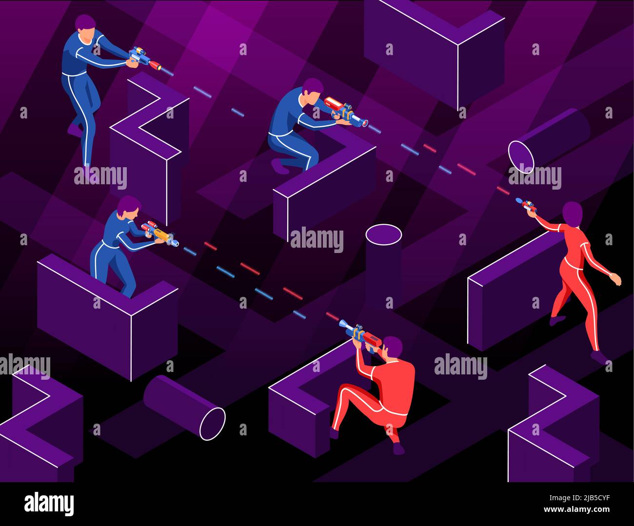 Isometric blaster game composition with characters of players shooting ...